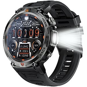 EIGIIS Military Smart Watch for Men Tactical Rugged with Bluetooth Call Flashlight 1.45'' Big Screen Fitness Tracker Heart Rate Sleep Monitor Waterproof Sports Smartwatch iPhone Android Black