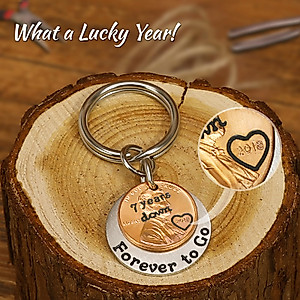 HRMYUDI Copper Gifts for 7th Anniversary, 7 Years Anniversary Copper Gift Coin Keychain with a 2018 Penny, 7 Years Down and Forever To Go Keyring, Anniversary Present for Man Woman