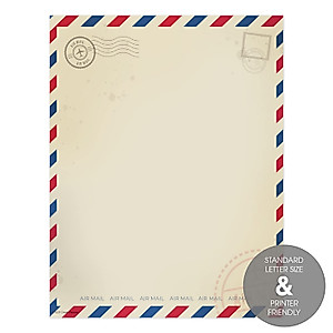 Vintage Air Mail Letterhead / 50 Sheets 8.5" x 11" Rustic Paper/Travel Themed Stationery/Red And Blue Striped Design
