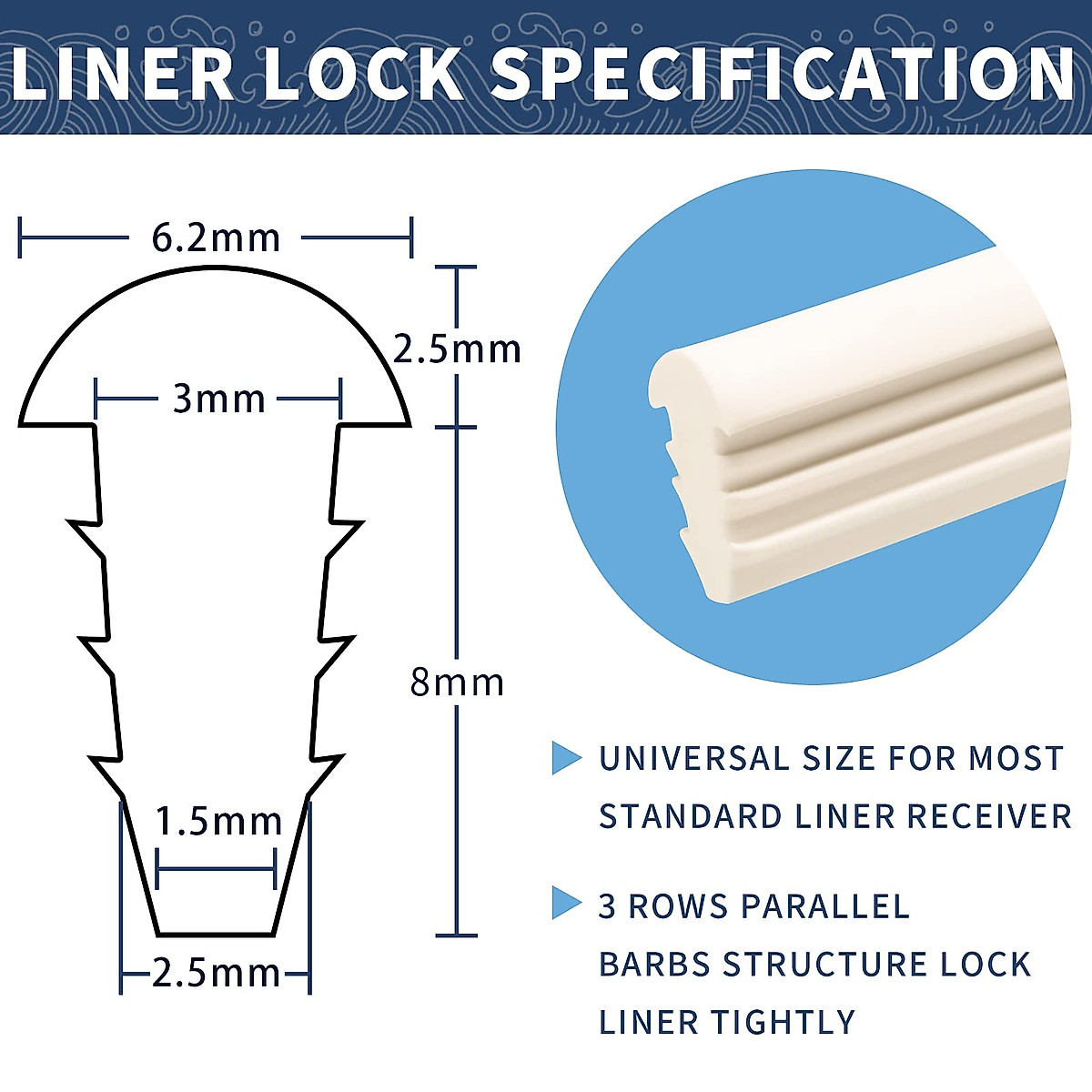 Swimming Pool Liner Locking Strips - 120ft White Pool Bead Wedge Lock Roll, Pliable Plastic Flexible Pool Liner Repair Kit Fit for most Above-Ground & In-Ground Swimming Pool Vinyl Beaded Liners