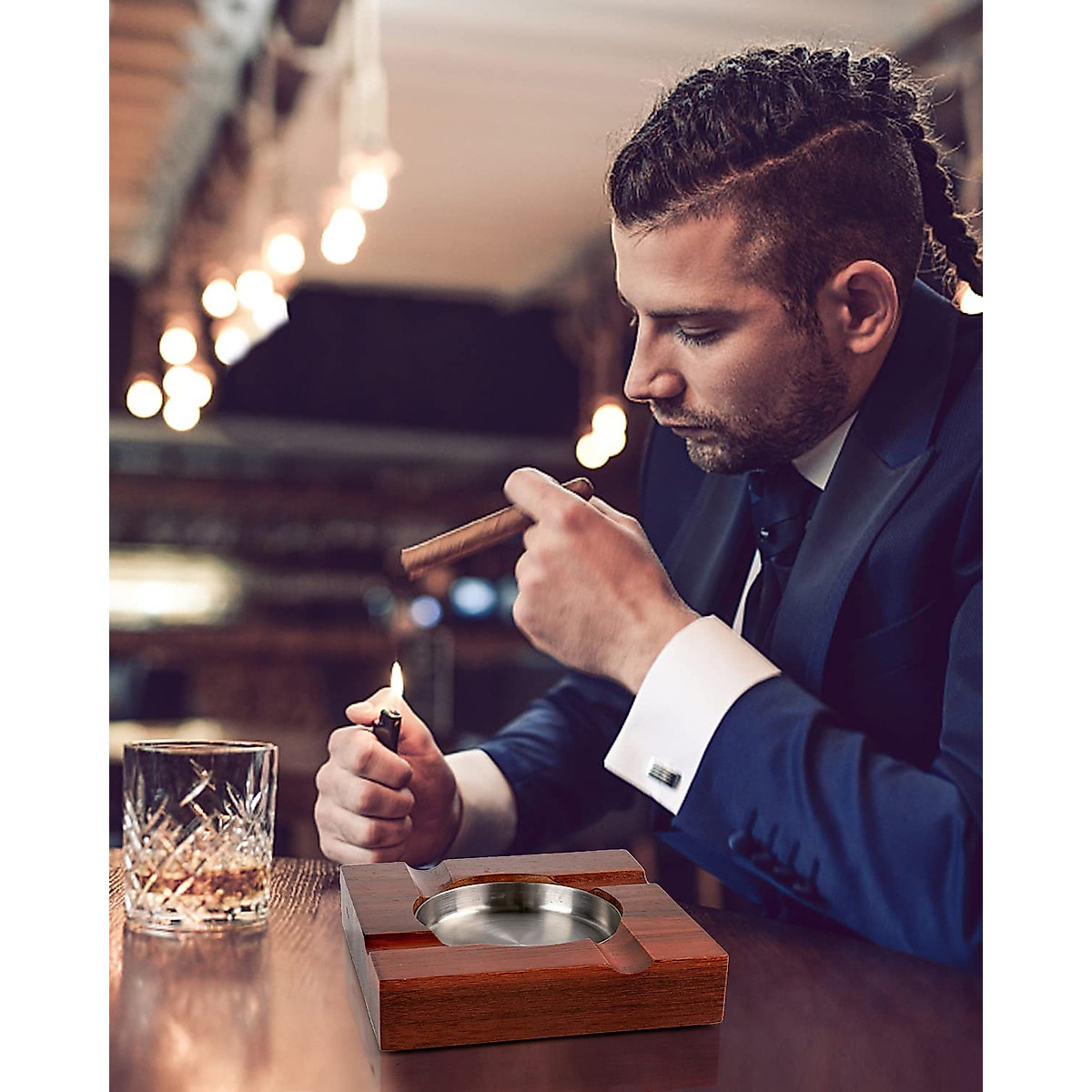 Wood Cigar Ashtray Cigar Accessories Cigarettes Ashtrays for Indoor Outdoor Patio Home Office Use Square Wooden Brown Cigar Ash Tray Cigar Gift Sets for Men with GIFT BOX (Classic)