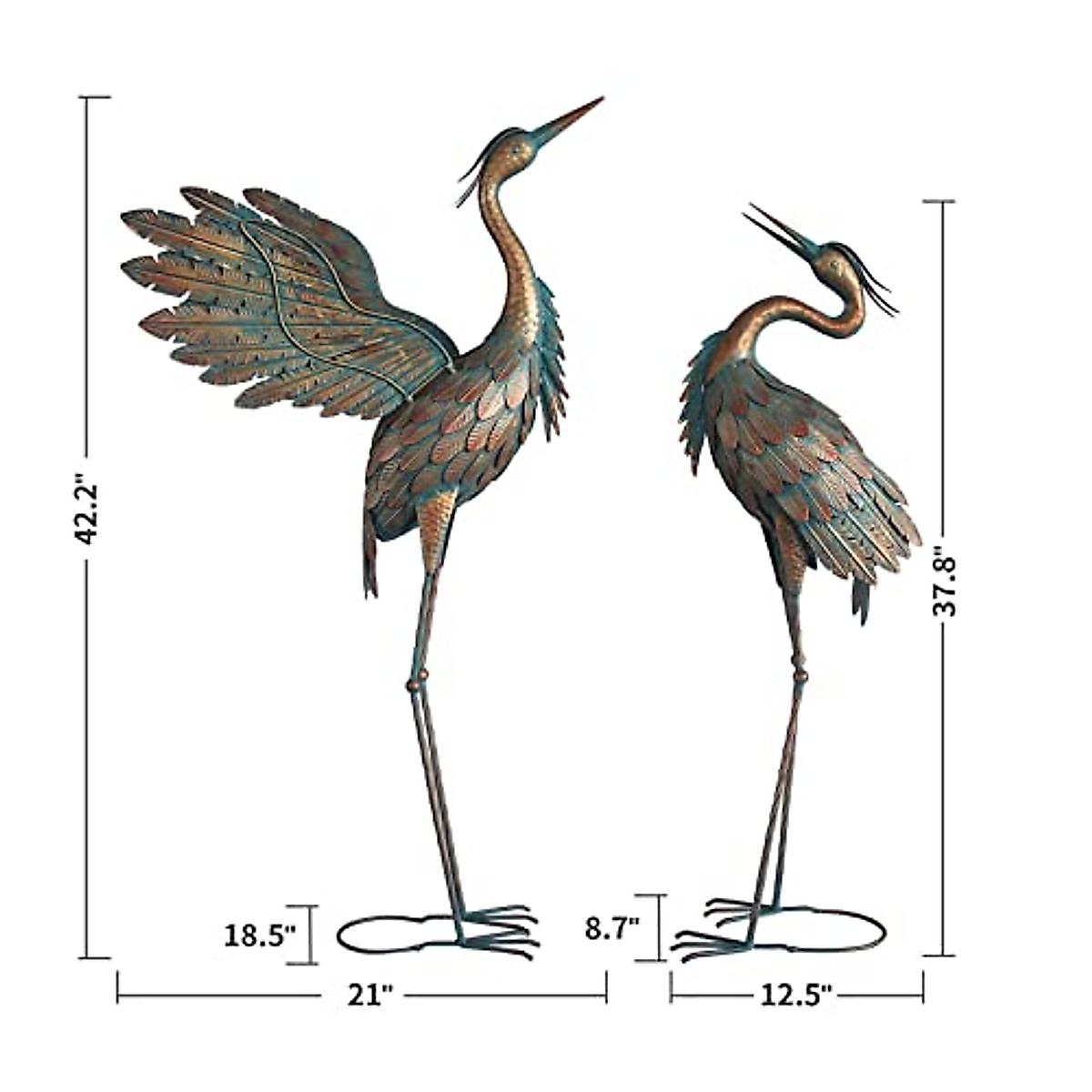Oritty Crane Statues for Garden Decor, Metal Yard Art Heron Garden Statues, Standing Garden Sculptures & Statues for Yard Decorations Outdoor, 38-42 Inch Set of 2, Copper
