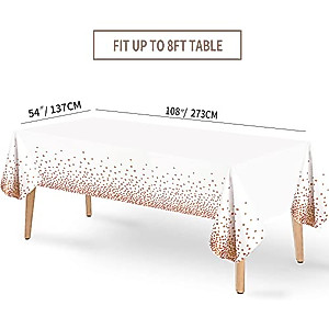 FECEDY 6 Packs 54 x 108inch Disposable Plastic Table Cover Waterproof for Rectangle White Background with Rose Gold dot for Indoor & Outdoor Birthdays Anniversary Buffet Table Party Decorations