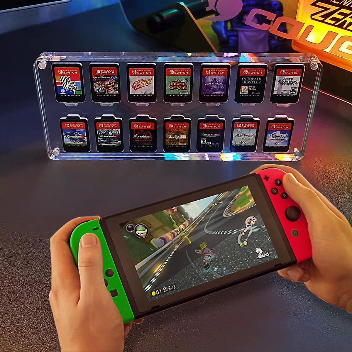 X-Richmen 14 in 1 Game Card Case for Nintendo Switch Acrylic Storage Box Transparent Display Cabinet of Switch Game Card Cartridge, Gift Box of Mario Mushroom Red and Blue Thumb Grip 2PCS