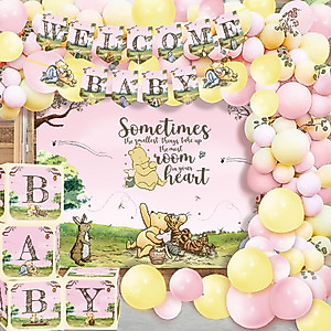Classic Winnie Baby Shower Decorations Welcome Baby Banner, Vintage Winnie Balloon Arch Kit, Classic The Pooh Backdrop, Winnie Decorations for Boy Girl Baby Shower