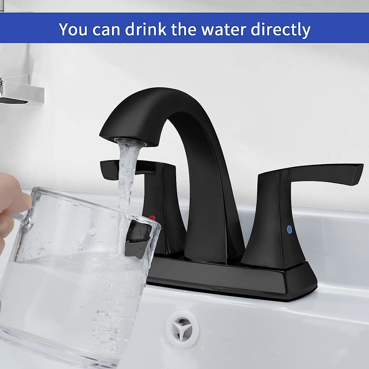 VXV Bathroom Faucet Matte Black, 2 Handles Low Arc Bathroom Sink Faucets, 4 Inch Centerset Bathroom Lavatory Faucets, Bathroom Faucets Set with Pop-up Drain & Faucet Supply Lines (MB)