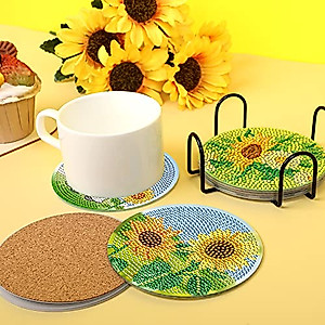 Sunflower Diamond Painting Coasters DIY Diamond Art Coaster 5D Full Drill Diamond Coaster Acrylic Round Cup Coaster with Holder Cork Pad for Summer Fall Thanksgiving Party Home Decor DIY Crafts, 8 PCS