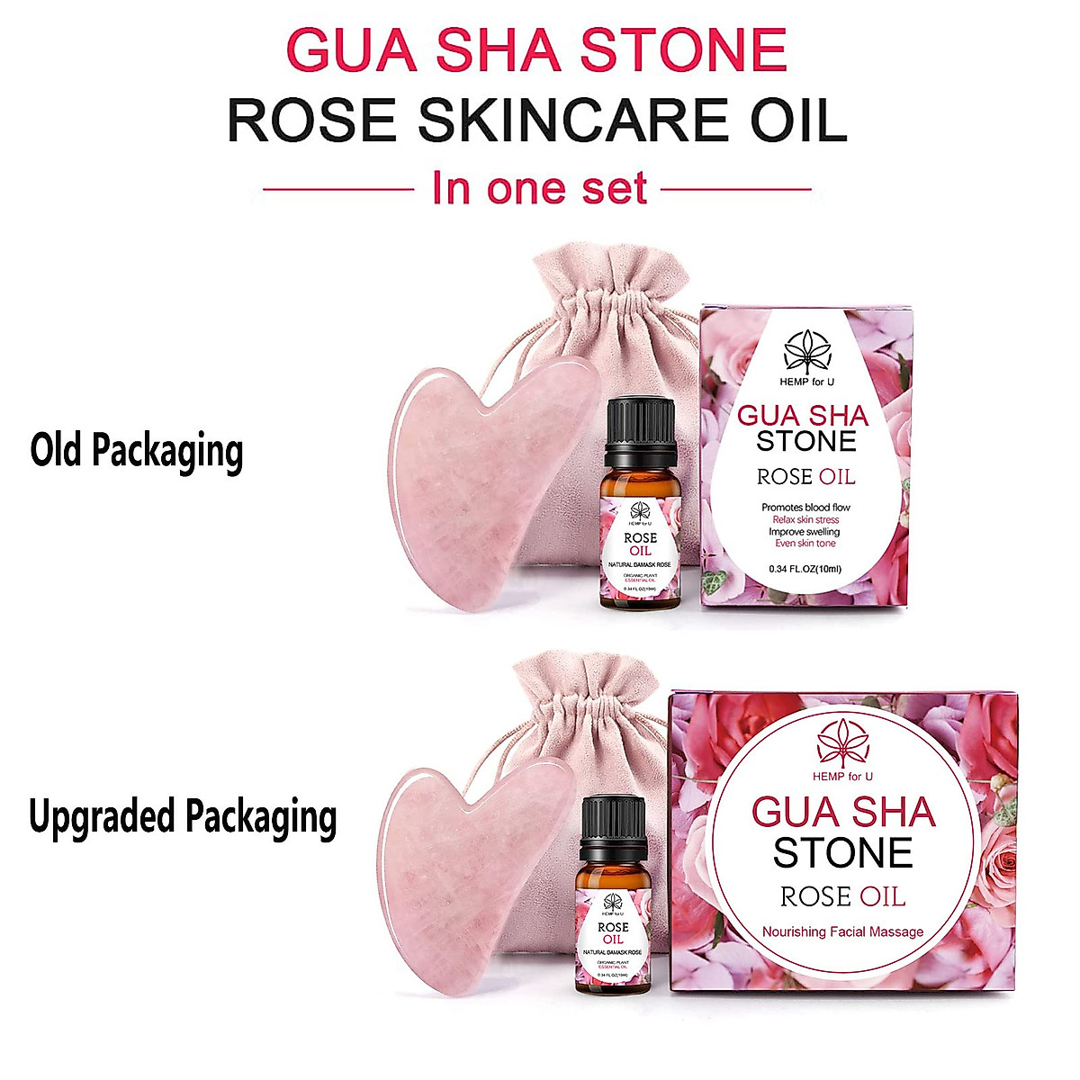 Gua Sha Facial Tools & Rose Gua Sha Oil in One Set, Rose Quartz Jade Stone Facial Skin Care Products to Reduces Puffiness Muscle and Promotes Blood Flow - with Nice Travel Pouch
