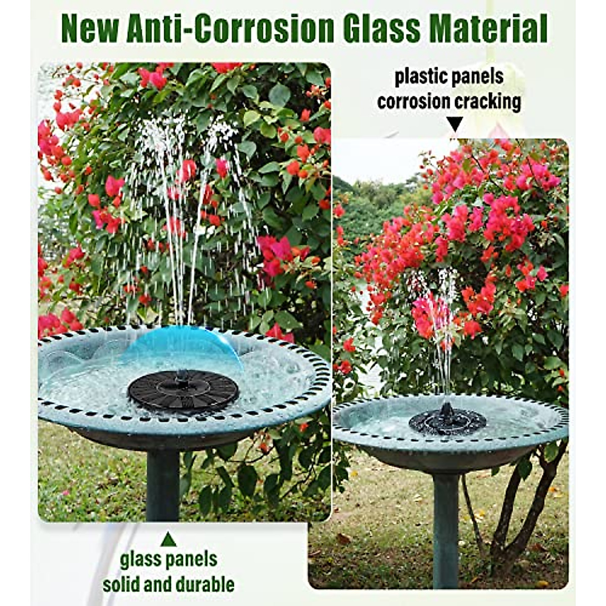 GAIZERL Solar Fountain Bird Bath Fountains Pump Upgraded 100% Glass Panel, Solar Powered Water Fountain with 8 Nozzles & 4 Fixers for Garden, Pond, Pool, Patio, Fish Tank, Outdoor - No Battery Needed