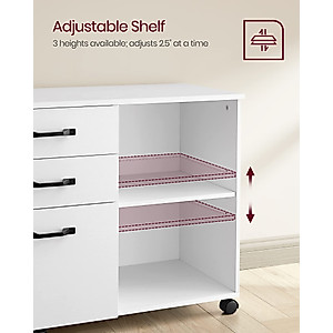 VASAGLE Lateral File Cabinet, Home Office Printer Stand, 3-Drawer Mobile Filing Cabinet with Open Storage Shelves, for A4, Letter-Size Files, White with Wood Grain UOFC041W46