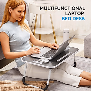 BUYIFY Folding Lap Desk, 23.6 Inch Portable Wood Black Laptop Bed Desk Lap Desk with Cup Holder, for Working Reading Writing, Eating, Watching Movies for Bed Sofa Couch Floor