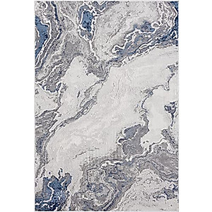 Abani Atlas 4'x6' Blue/Grey Area Rug, Abstract Marble - Durable Non-Shedding - Easy to Clean