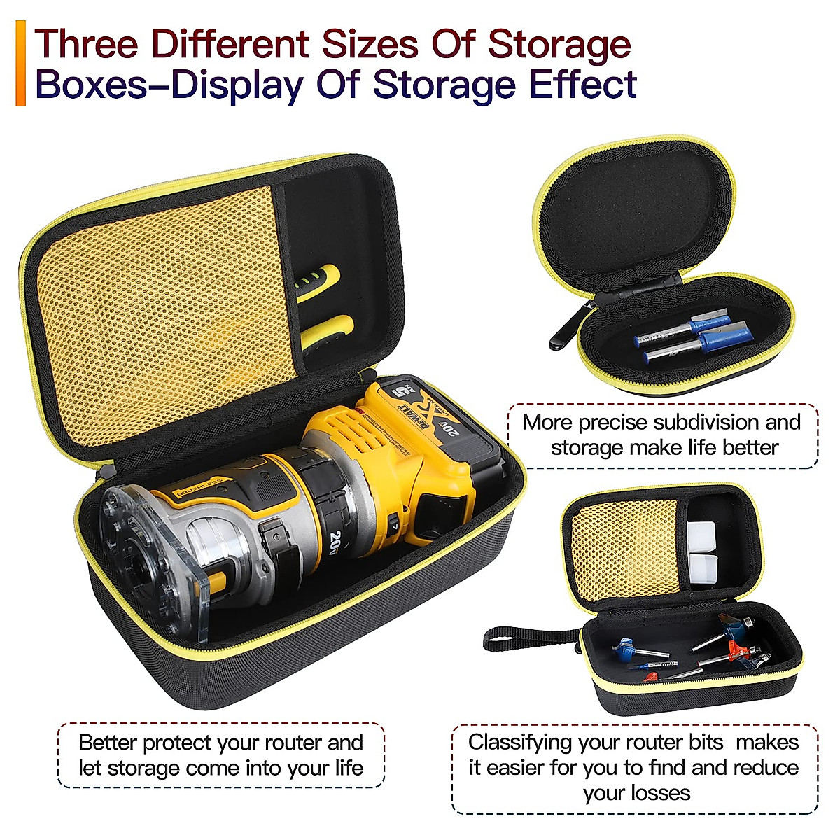 AIKANG 3 Pcs Hard Case,Case for DEWALT 20V Max XR Cordless Router, Brushless(DCW600B),Portable Carrying Storage Bag for Router Bits, Case Only