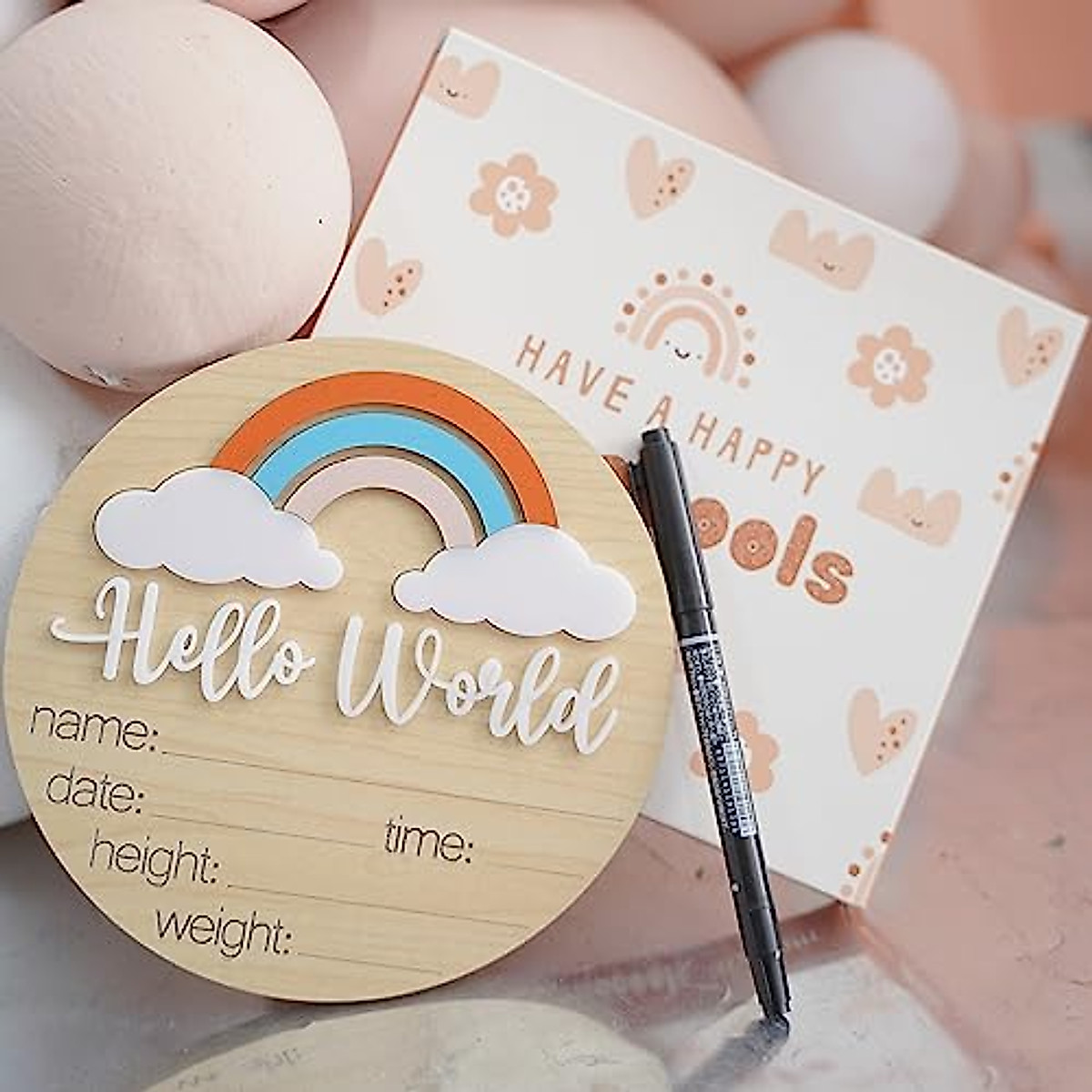 HONOCOOLS Wooden Baby Announcement Sign, Hello World Rainbow, 1 Piece, 3 Customizable Elements, 3D Dimensional, Easy to Display, Great Gift for New Parents