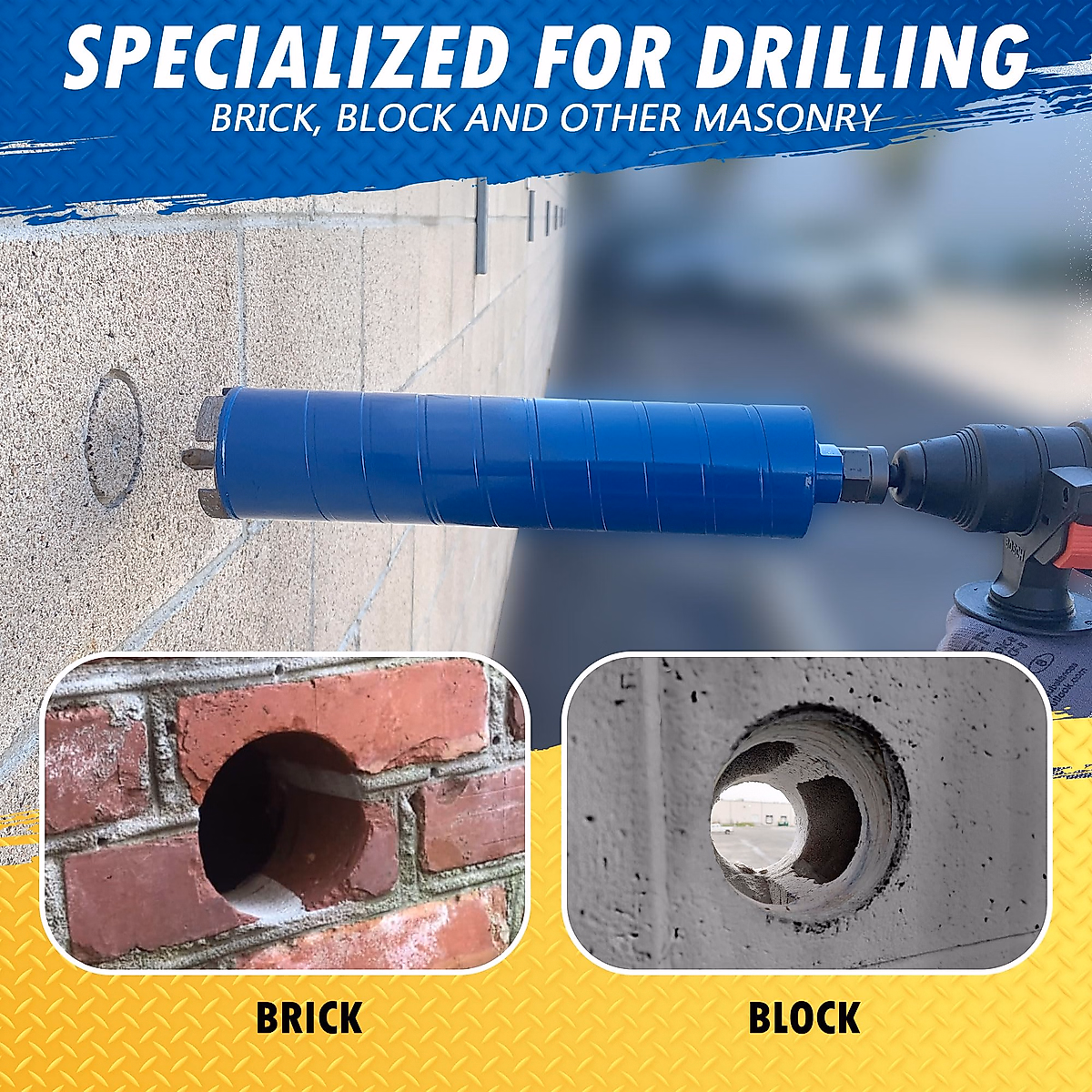 4-1/4" Dry Diamond Core Drill Bits for Brick and Block with 1/2" Shank Pilot Bit Adapter, 9.5" Drilling Depth, 5/8"-11 Arbor