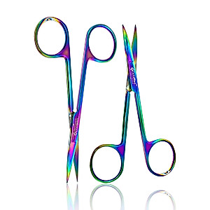 Cynamed Set of 2 Iris Micro Dissecting Scissors with Multicolor/Rainbow Titanium Coating Premium Quality Instrument - Perfect for Fine Precision Tissue Dissection Suture Removal (Straight and Curved)