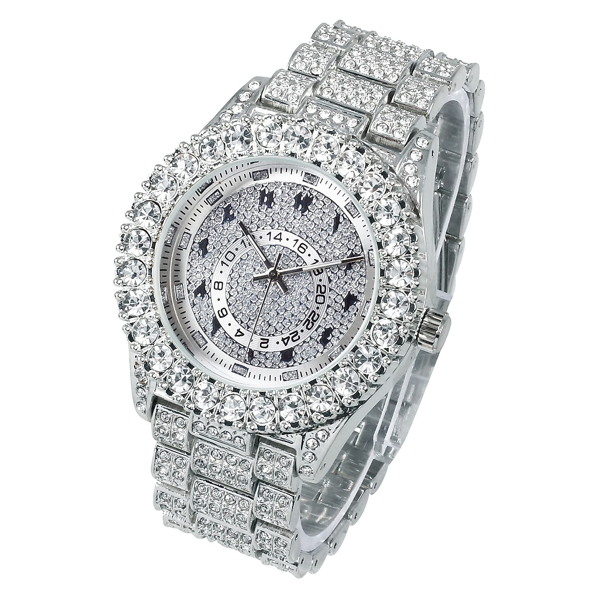 Techno Pave Men's 44mm Iced Out Arabic Dial Watch, Quartz Movement - Silver Diamond Dial