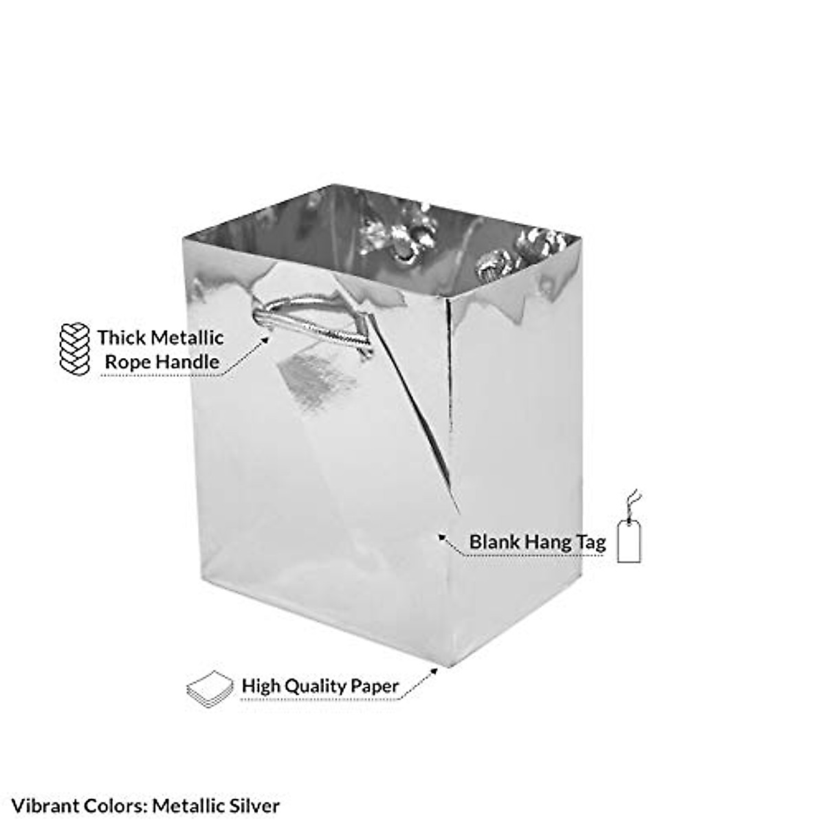 Silver Gift Bags - 12 Pack Extra Small Silver Foil Gift Bags with Handles, Designer Solid Silver Paper Gift Wrap Bags for Birthdays, Party Favors, Baby Shower, Bachelorette, Weddings, Holiday Presents, Bulk - 4x2.75x4.5