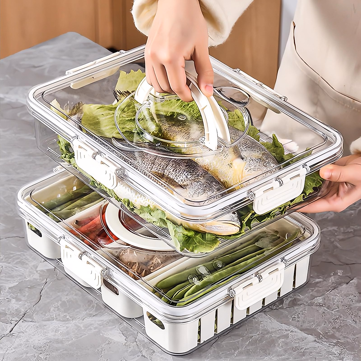 1PC Fruit Storage Containers for Fridge Keep Fresh - Divided Serving Tray with Lid and Handle - Portable Picnic Parties Snackle Box Veggie Tray - Berry Candy Food Snack Organizer Travel (1PC-M)