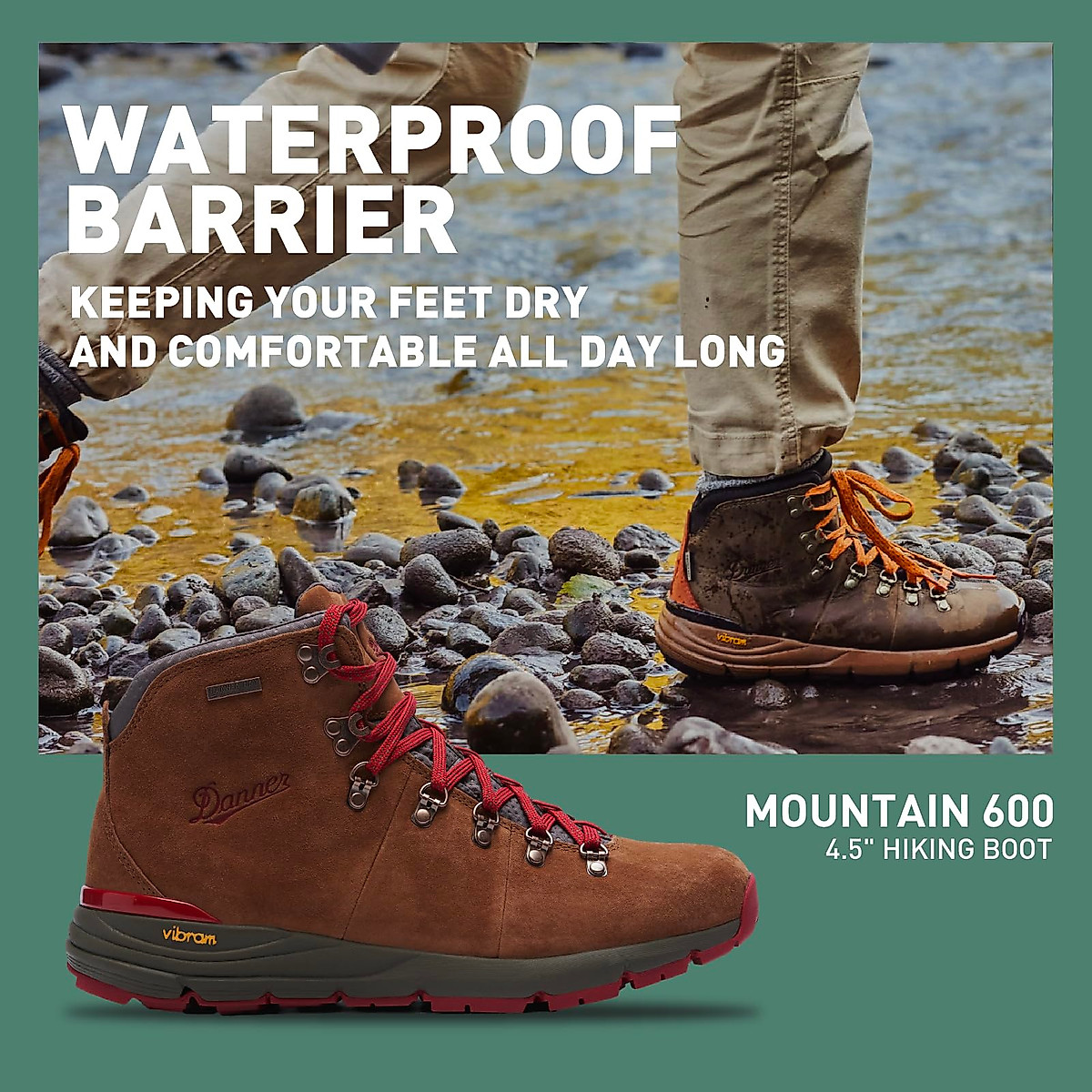 Danner Mountain 600 Waterproof Hiking Boots for Men - Lightweight, Durable Upper, Breathable Lining, Triple-Density Footbed & Vibram Traction Outsole, Brown/Red - 9.5 D