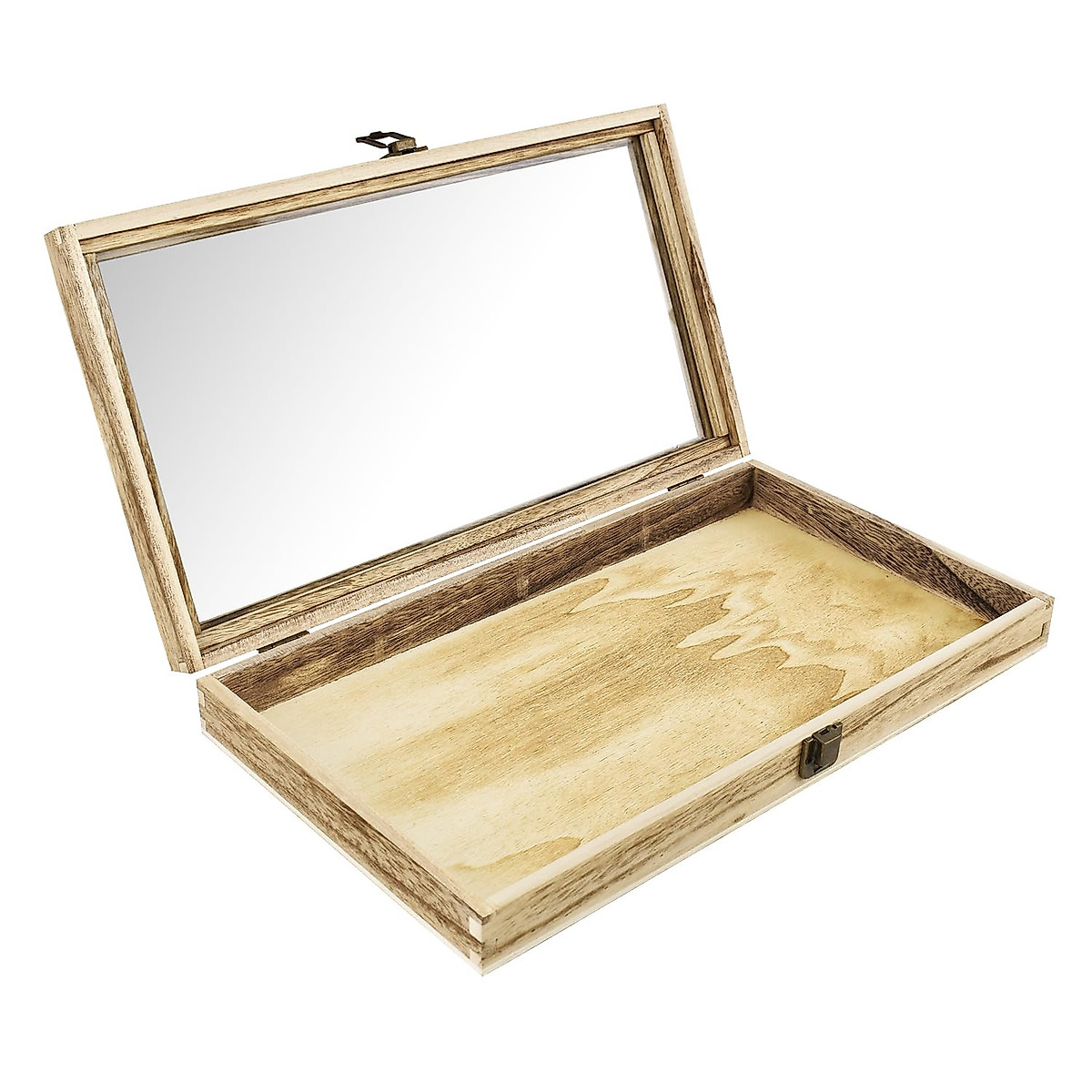 MOOCA Jewelry Display Case with Tempered Glass Lid and Metal Clasp, Home Organization Storage Box, Pocket Knife Display Case, Oak Color