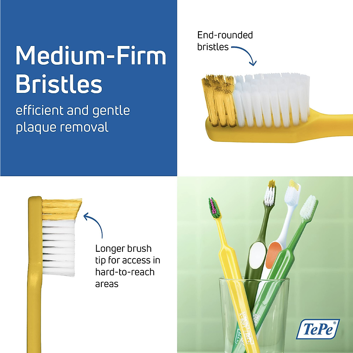 TEPE Nova Medium Firm Toothbrush for Adults with Tapered Head, Angled Neck, and Thumb Grip, Pack of 1