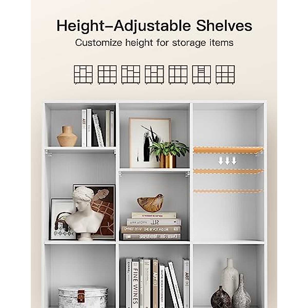 Pipishell 9-Cube Bookshelf, Bookcase with 3 Height-Adjustable Shelves and Solid Legs, Cube Storage Shelf, Modern Freestanding Open Bookshelf for Living Room, Bedroom, White, PIBS04W