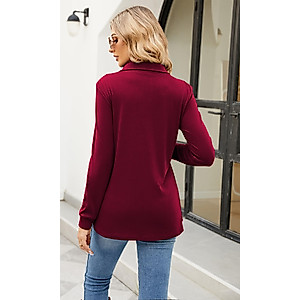 Newchoice Women Fall Long Sleeve Shirts Tops，Casual Winter Clothing Collar V Neck Tunics Or Tops To Wear With Leggings(Berry Red.M)