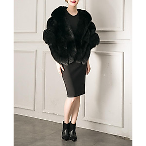 UMREN Women's Luxury Party Faux Fox Fur Long Shawl Cloak Cape for Winter Black A