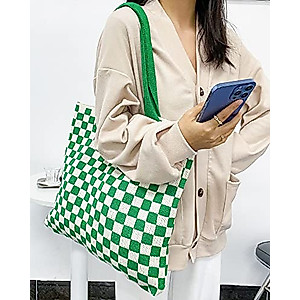 Stizimn Crochet Tote Bag for Women Shoulder Bag Handbags Knitting Hobo Bag Aesthetic Handmade Weaving Large Capacity (Checkerboard Pattern Green)