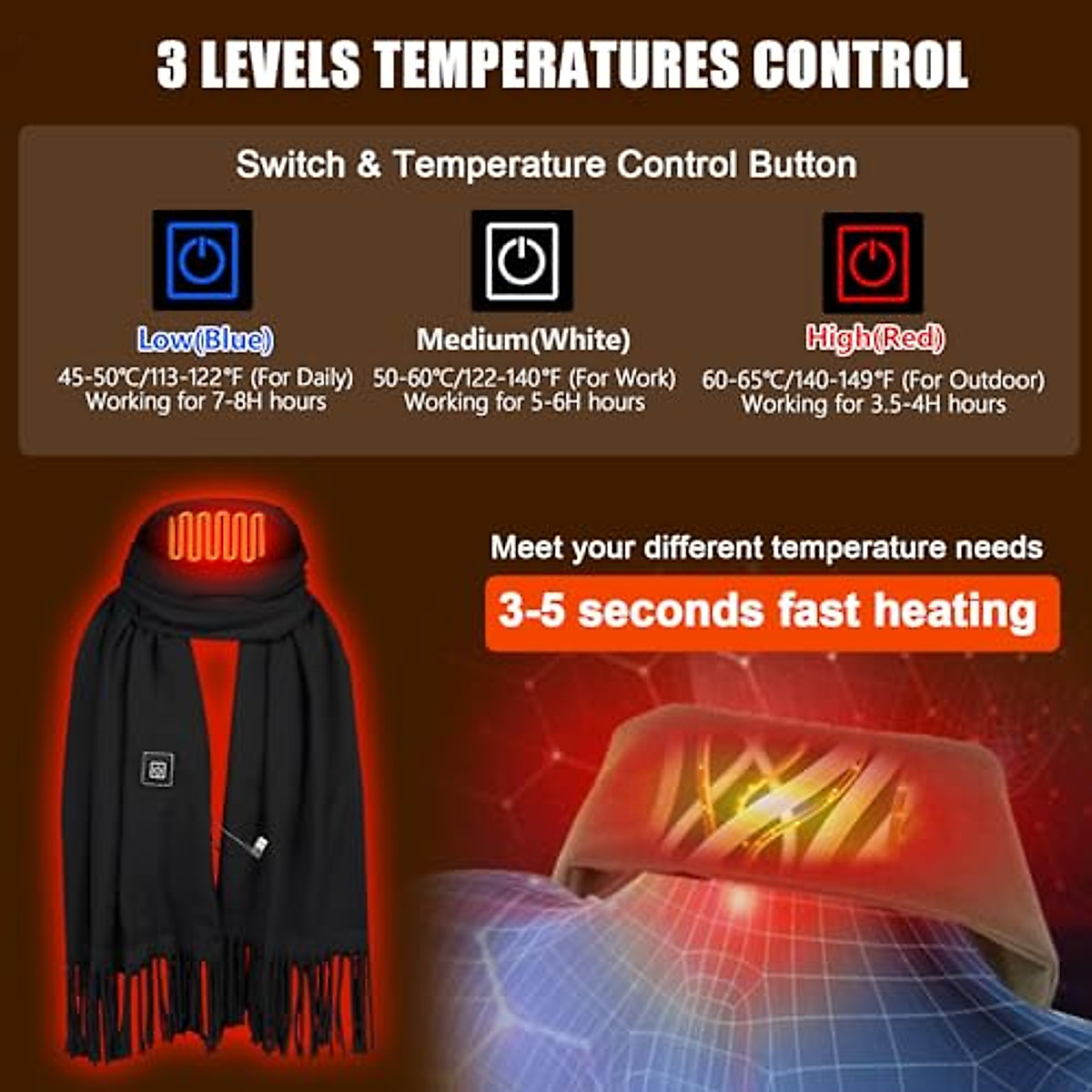 Electric Heated Scarf for Gift Women Men Rechargeable Scarves Shawl Blanket with Battery Neck Heating Pad