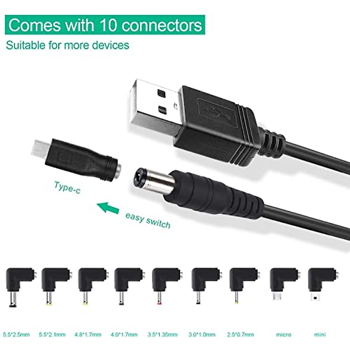 Universal USB to DC 5.5x2.1mm Plug Power Charging Cable with 10 Connectors for Router, Mini Fan, Speaker, Camera, Smart Phone and More Electronics Devices(5FT, DC10+1)