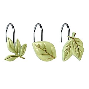 Green Plant Leaves Decorative Shower Curtain Hooks, Tropical Botanical Plam Tree Leaf Shower Curtain Rings for Bathroom, Resin, Cute Shower Curtain Hanger Hooks Bathroom Decor, Set of 12