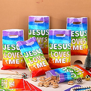 Hosuly 50 Pieces JESUS LOVES ME Gift Bags Plastic Goody Bags with Handles Religious Treat Bags Christian Cross Candy Gift Bag for VBS Church Party Supplies Party Favor Decoration