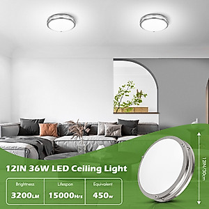 2-Pack 36W LED Ceiling Light Fixture (450W Equiv), 12IN Modern Flush Mount Ceiling Lights, Dimmable Ceiling Lamps Super Bright 3000LM, 3000K/4000K/5000K Adjustable for Bedroom Kitchen Bathroom Hallway