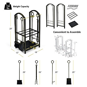 Tangkula Firewood Rack with 4 Fireplace Tools, Firewood Rack Bin Log Holder with Fire place Accessories Tools Set Includes Brush, Shovel, Poker, and Tongs(17.5 x 12 x 29 inches) (Bronze)