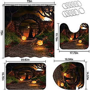 Halloween Scene Shower Curtain Sets with Rugs and Toilet Lid Cover and Bath Mat for Bathroom, Dark Hooded Man Shower Curtain Sets with 12 Hooks, Waterproof Durable Bathroom Decor Set