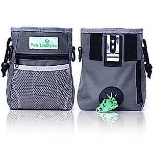 Paw Lifestyles – Dog Treat Training Pouch – Easily Carries Pet Toys, Kibble, Treats – Built-In Poop Bag Dispenser – 3 Ways To Wear – Grey