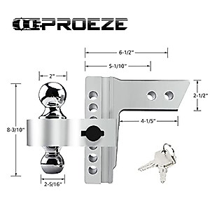 PROEZE Adjustable Trailer Hitch Ball Mount, Fits 2.5-Inch Receiver, 6-Inch Drop/Rise Aluminum Drop Hitch, 18500LBS, 2-Inch and 2-5/16-Inch Balls Equipped with 2 latches with Locks