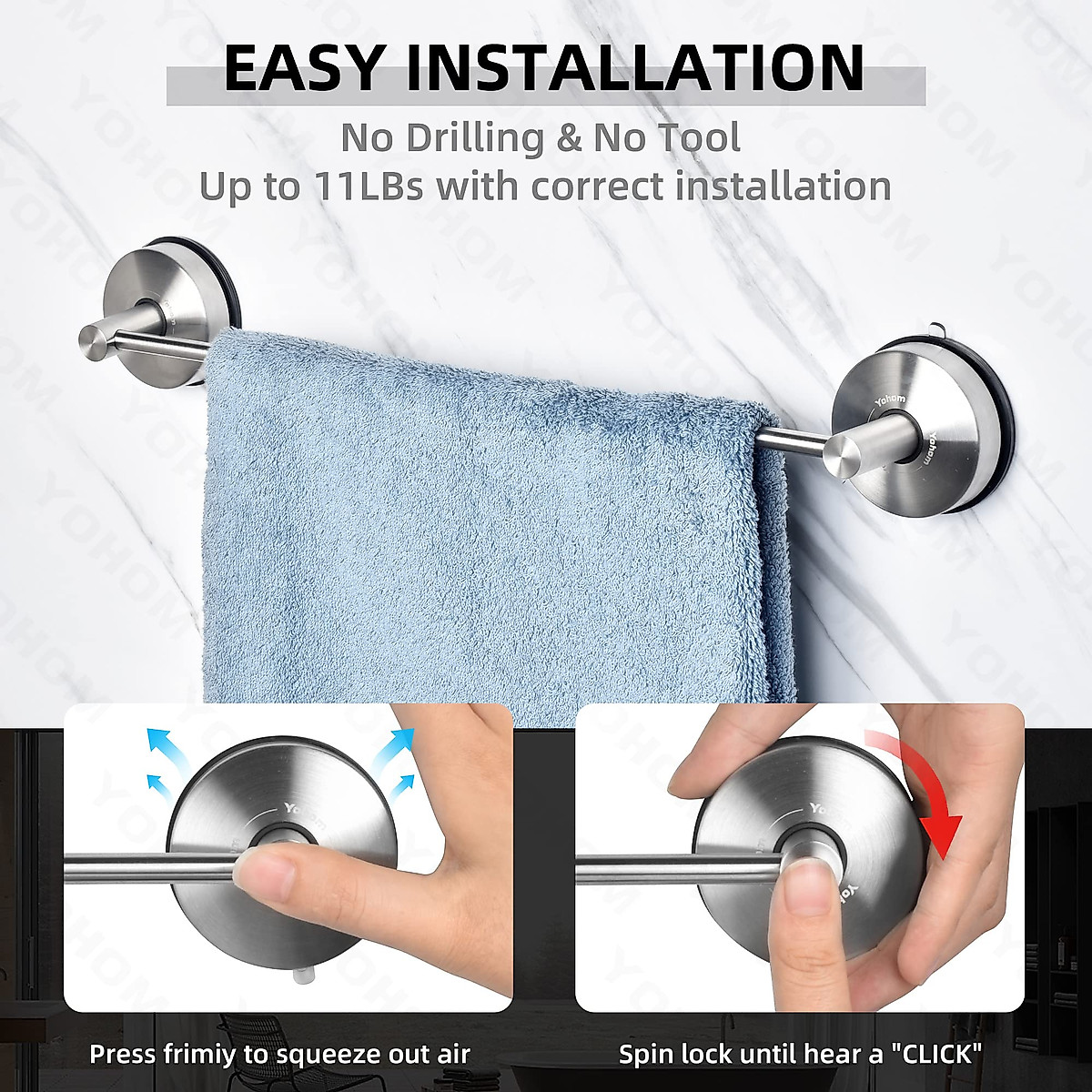 YOHOM Suction Cup Towel Bar for Shower 17 Inch Stainless Steel Bathroom Towel Rack Suction Washcloth Holder Vacuum Hand Towel Bar for Glass Shower Door Removable Towel