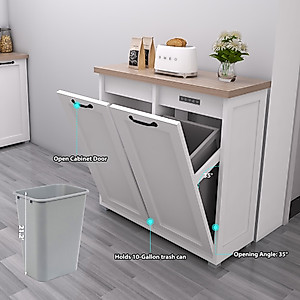 Prapark White Double Tilt Out Trash Cabinet - Kitchen Garbage Can Free Standing Holder with Negative Ion and Deodorizing - Accommodates 2 x 10-Gallon Trash Cans - Tilt Out Laundry Hamper Cabinet