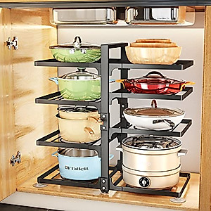 PXRACK Pots and Pans Organizer for Cabinet, Adjustable Pan Organizer Rack for Under Cabinet, Pot Organizer for Kitchen Organization & Storage, Rustproof Pot Lid Organizer, Square (Black 8-Tier)