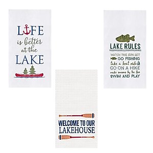 3 Lake House Theme Embroidered Kitchen Towel Set-Waffle Flour-Hand Towels w Lake Rules, Paddles Anchor-Outdoor Camping Boating Dish Cloths