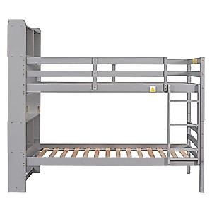 Twin Over Twin Bunk Beds, Wood Bunk Bed with Bookcase Headboard, Solid Wood Bed Frame with Safety Rail and Ladder, Kids/Teens Bedroom, Guest Room Furniture, Can Be converted into 2 Beds, Grey