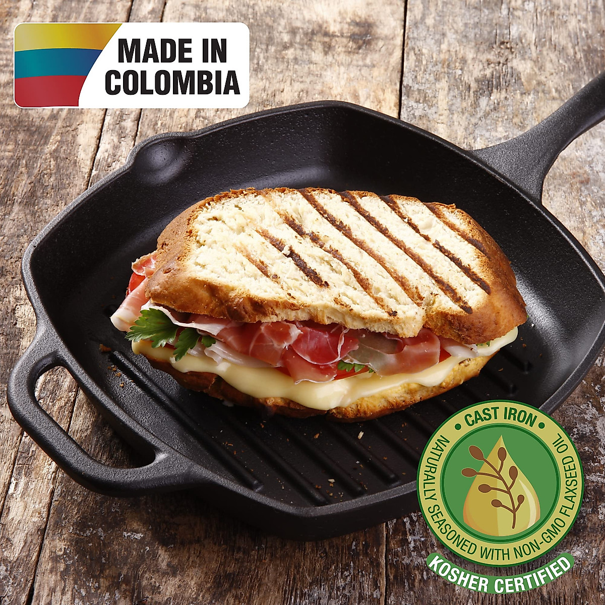 Victoria Cast Iron Grill Pan. Square Grill Pan, Seasoned with 100% Kosher Certified Non-GMO Flaxseed Oil, Black