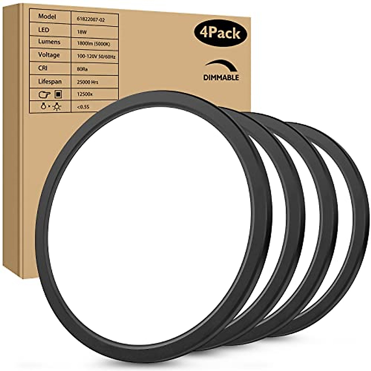 LED Flush Mount Ceiling Light Fixture 4PACK, 9Inch 18Watt, 1800LM, 5000K Daylight Light, Ultra Slim Black Thin Round Flat Light Fixtures for Office Porch Kitchen Hallway Bedroom Living Room, DIMMABLE