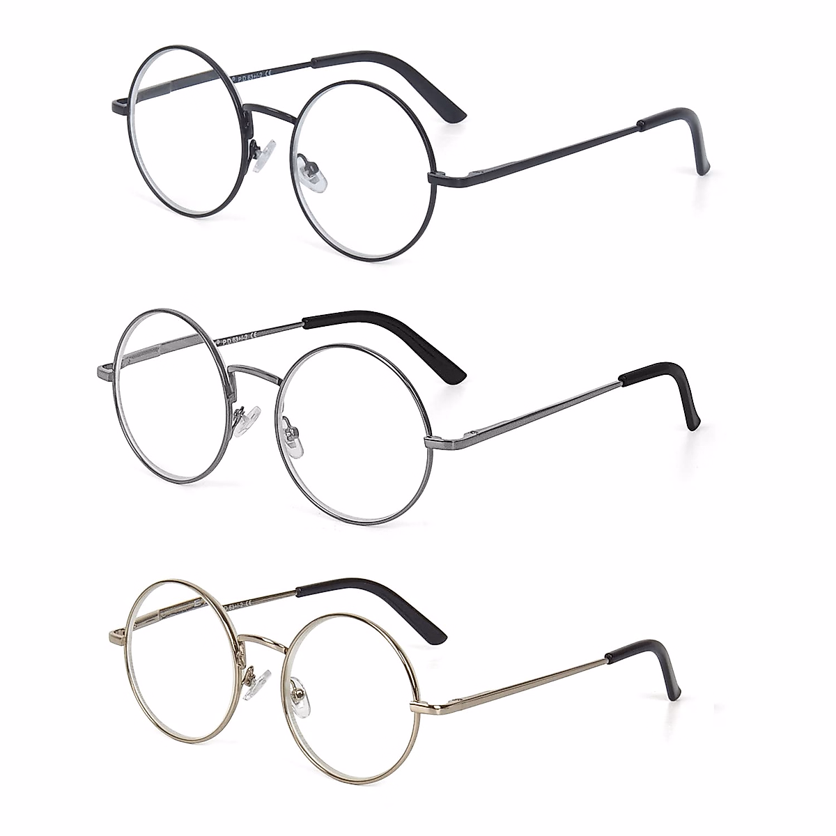 EYE ZOOM 3 Pack Metal Frame Round Reading Glasses with Spring Hinge (Black, Silver and Gunmetal, +2.00 Strength)