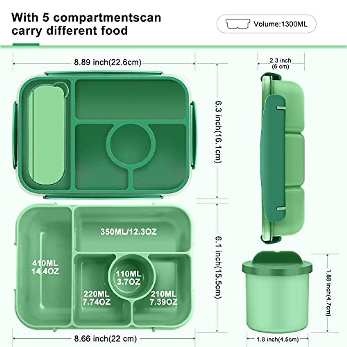 Dagugu Lunch Box Kids,Bento Box Adult Lunch Box,Lunch Box Containers for Adults/Kids/Toddler,5 Compartments Bento Lunch Box with Leakproof Sauce Vontainers,Microwave/Dishwasher/BPA Free(Green)