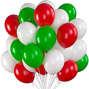 Prextex 75 Party Balloons 12 Inch Red, Green and White Balloons with Ribbon for Decorations or Xmas Color Themed Party, Weddings, Baby Shower, Birthday Parties, Helium Quality