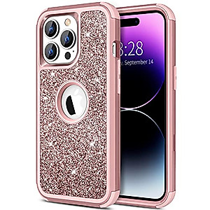 Hython for iPhone 14 Pro Max Case, Heavy Duty Full-Body Defender Protective Phone Cases Glitter Bling Sparkle Hard Shell Hybrid Shockproof/Drop Proof 3-Layer Military Rubber Bumper Cover Women Girls